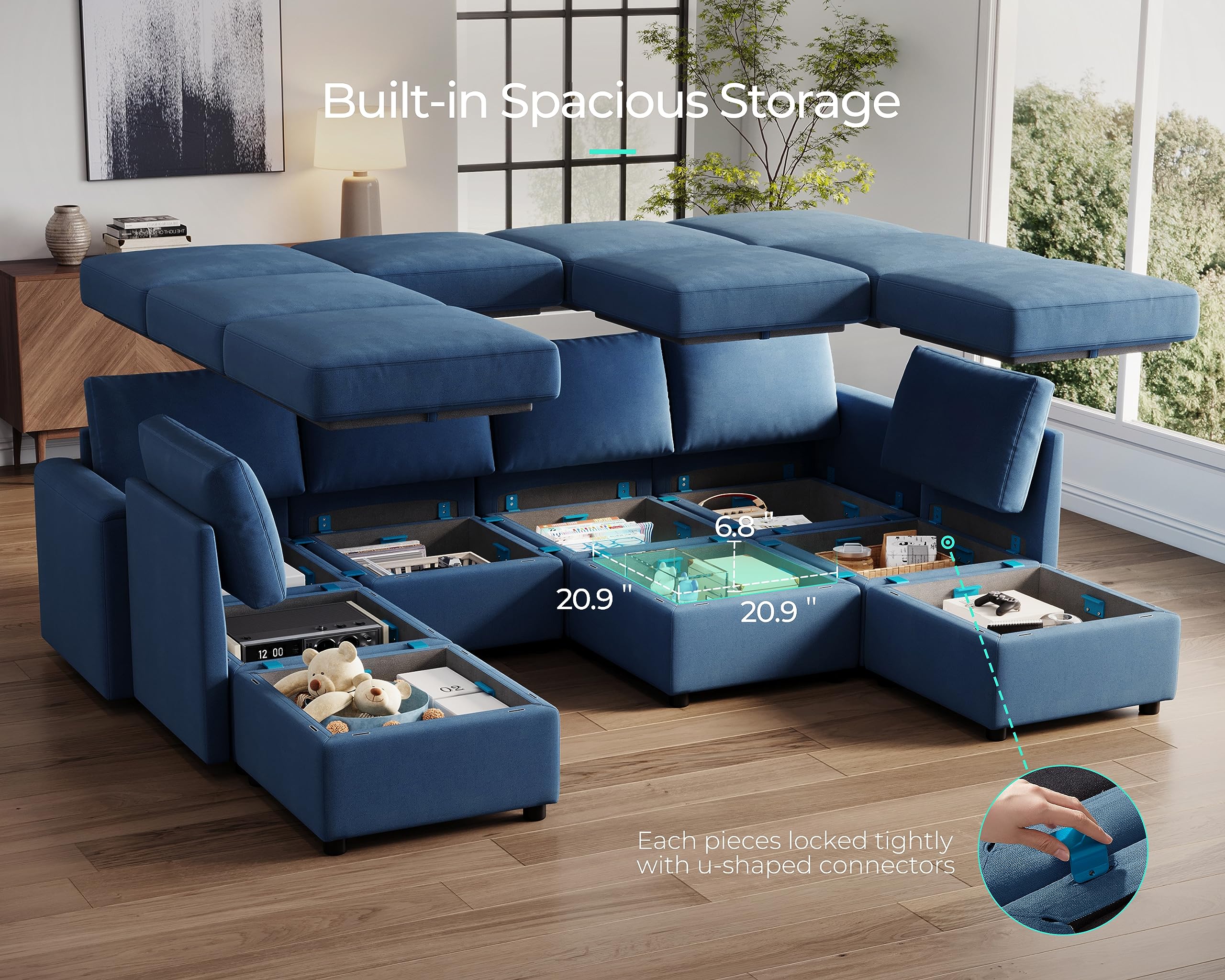 LINSY HOME Modular Sectional Sofa, Oversized Sectional Couch with Storage, Ottomans, Modular Sectional Sleeper Sofa with Memory Foam, 9 Seat U Shape Sofa Set for Living Room, Blue