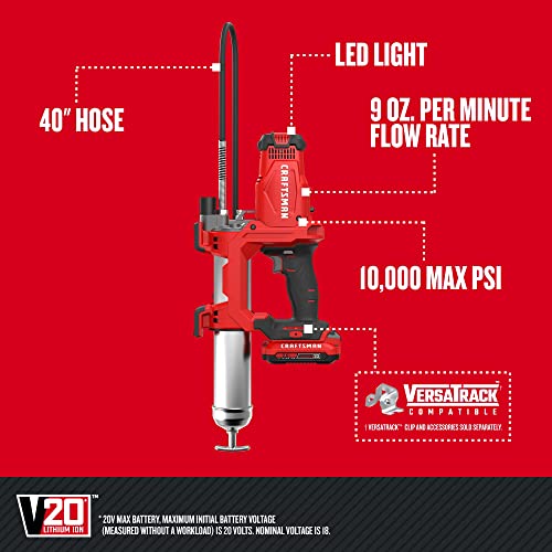 CRAFTSMAN V20 Grease Gun Kit, Cordless, 40" Hose, 10,000 Max PSI, Battery and Charger Included (CMCGG001D1)