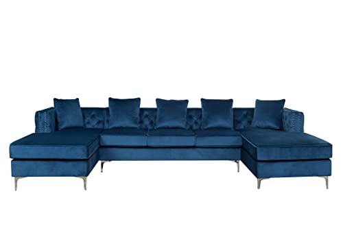 Modern U-Shape Sectional Sofa,Large Modular Sofa Velvet Couch Set with 5 Pillows and Metal Feet,Extra Wide Chaise Lounge Couch with Button Tufted and Nailhead Trim for Apartment Living Room,Blue