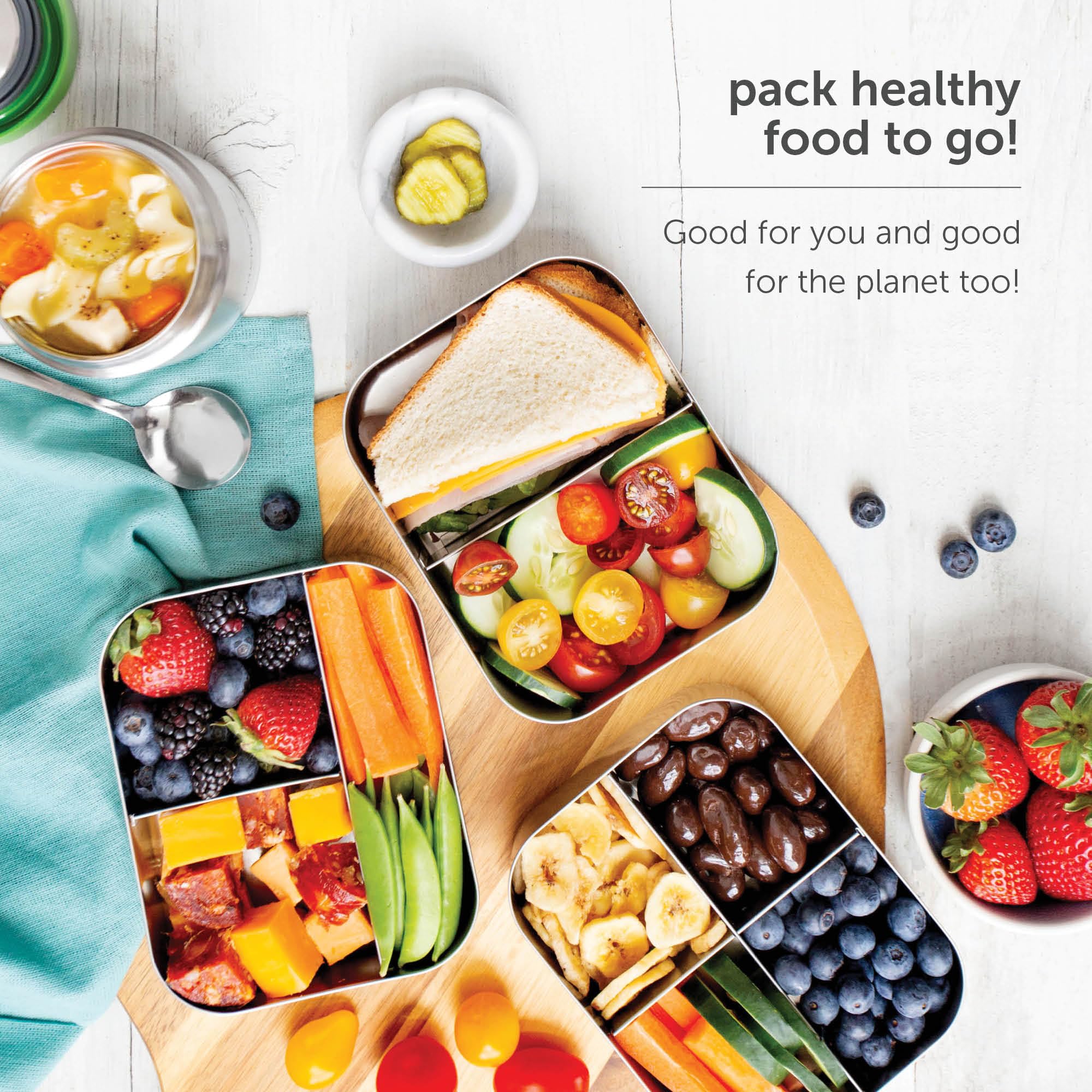 LunchBots Medium Trio II Snack Container - Divided Stainless Steel Food Container - Three Sections for Snacks On the Go - Eco-Friendly, Dishwasher Safe, BPA-Free - Stainless Lid - Aqua Dots