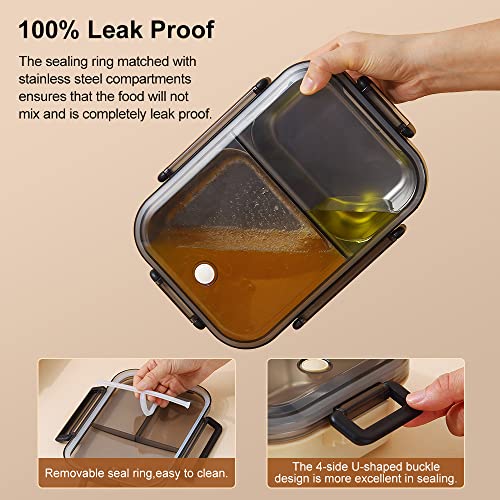 YBOBK HOME Portable Thermal Bento Lunch Box, 2 Compartments Divided Lunch Container For Adult To Work, 18/8 Stainless Steel Leak-Proof Food Container With Insulated Bag & Sauce Box (Blue 34oz)