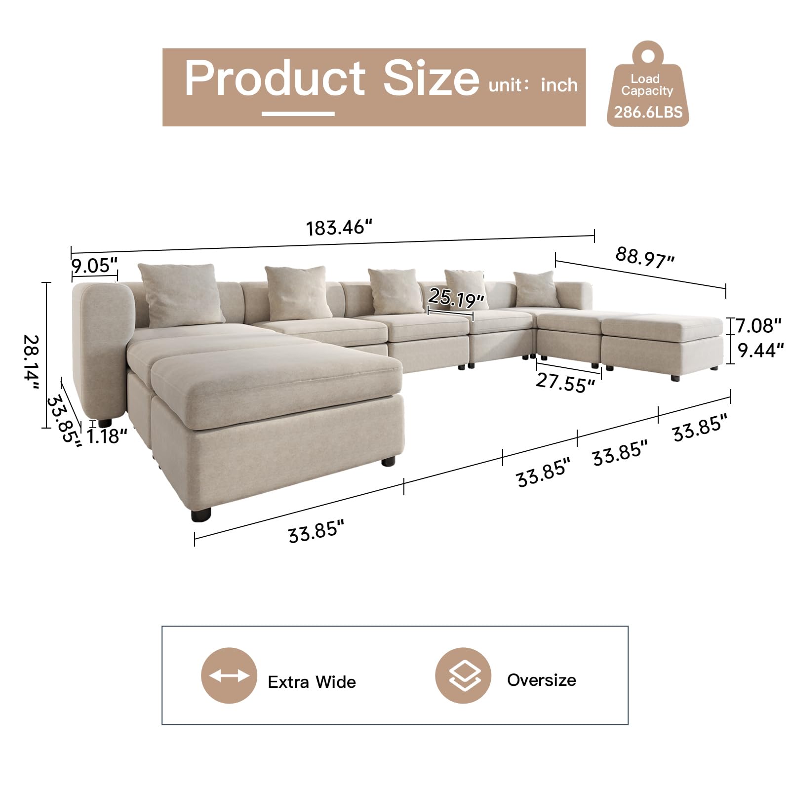 Miuuod 9 Seaters L/U Shape Oversized Convertible Sectional Sofa Couch for Living Room,5 Seats with 4 Ottomans L Shape Couch,Cozy Couches,Queen Velvet Extra Large Sofa Bed Beige,183.46" L