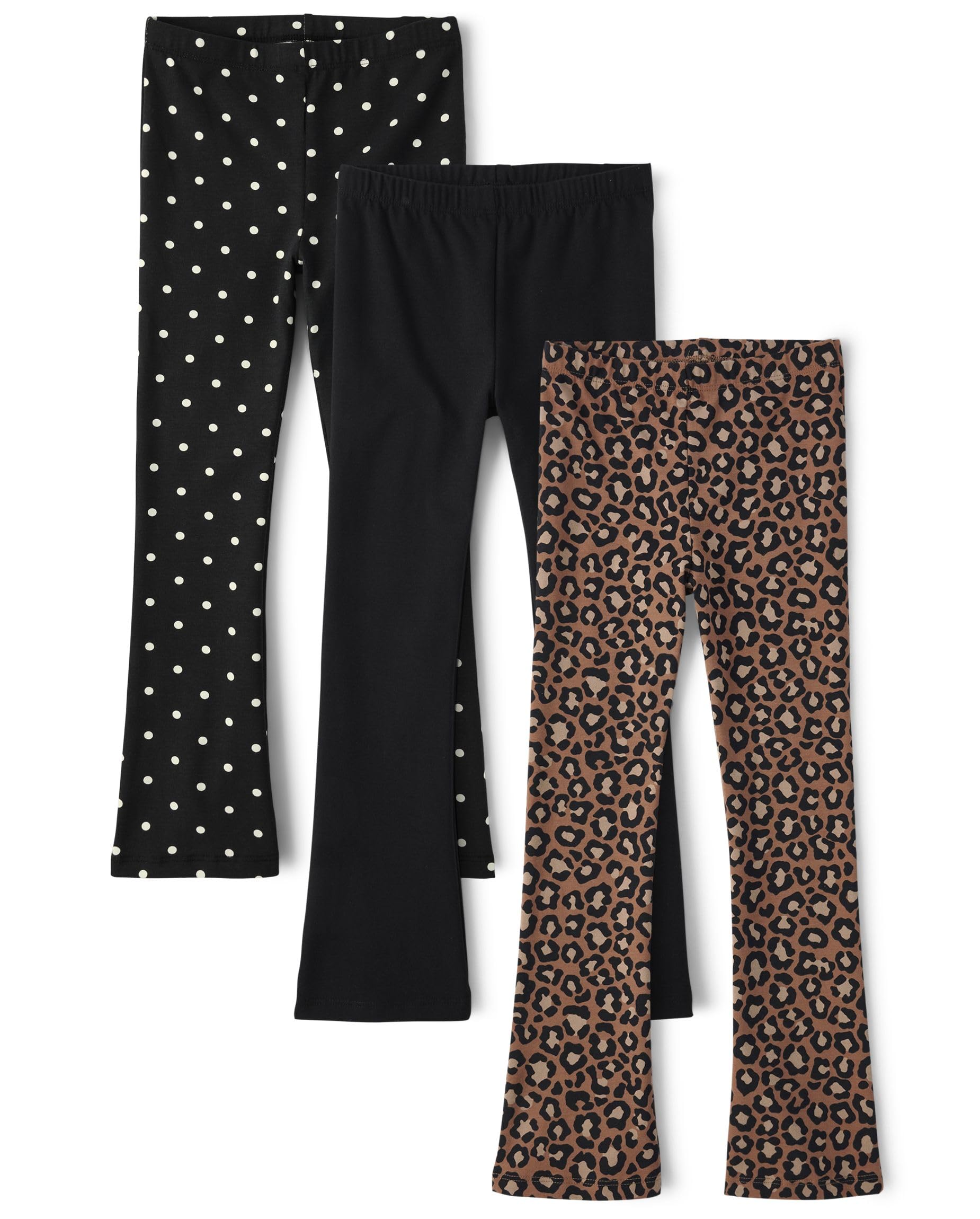 The Children's Place,Flare Legging Pants 3-Pack,Black | Cheetah Three Color_Pecan Pie | Two Color Dot_Black,XXLarge(16)