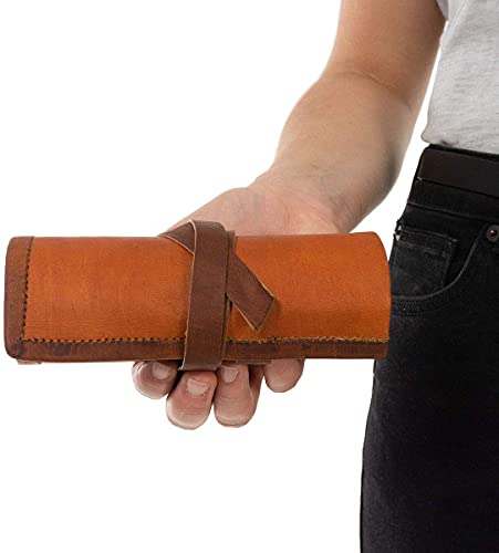 Vintage Stuff Genuine Leather Stationery Pencil Roll Case Handmade Art College Supplies Roll Wrap Pouch Holder Vintage Unisex Brown