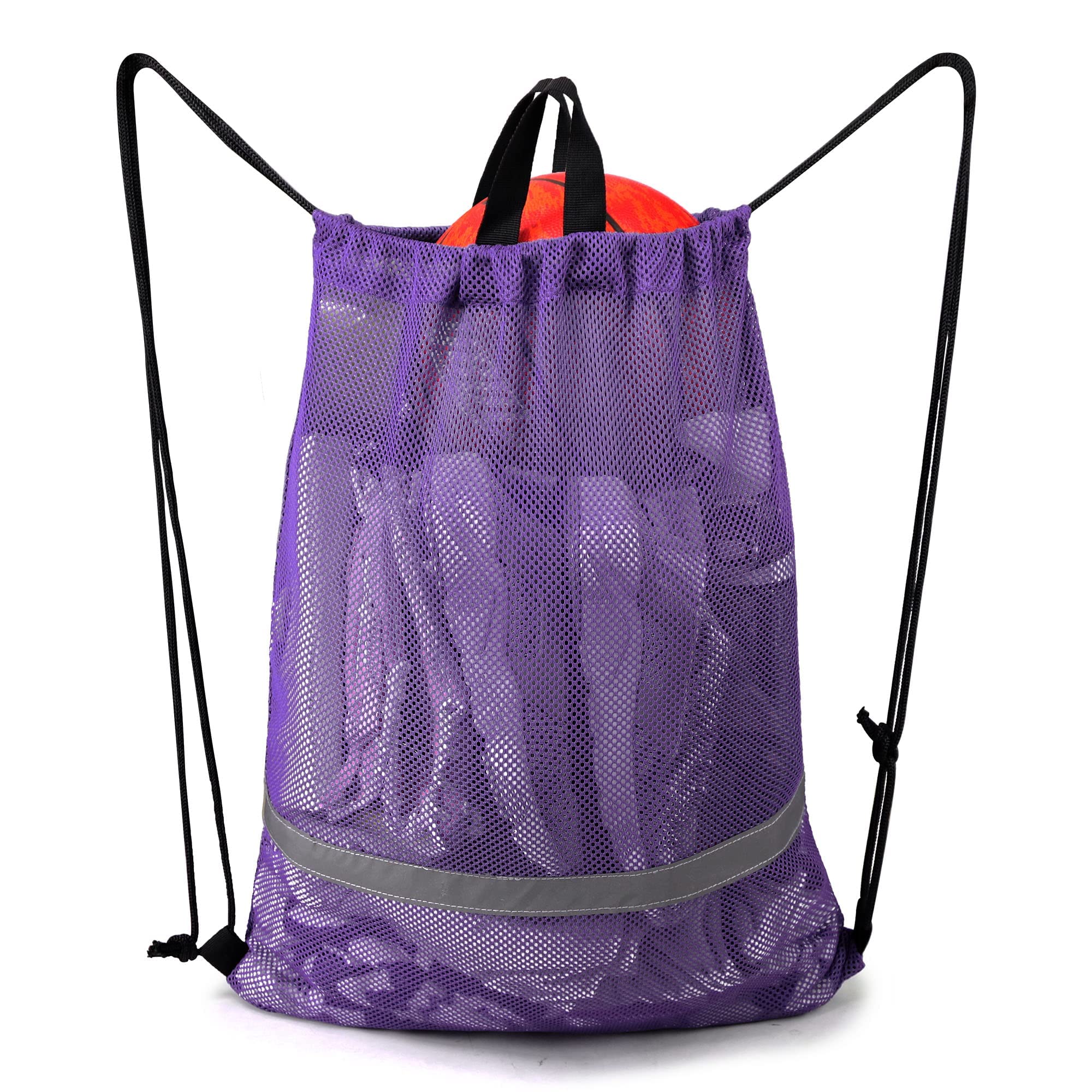 BeeGreen Purple Mesh Drawstring Bag with Pocket Beach Bag for Swimming Gear Pool Football Kickboard Backpack Large Sport Bag for Adults Foldable