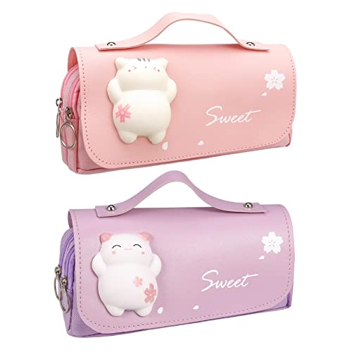 Teblacker 2 Pcs Cute Pencil Case with Handle, Kawaii Pencil Bag Large Pencil Pouch Pens Organizer Storage Bag with Stress Relief Doll for Girls Kids Teen School Supply