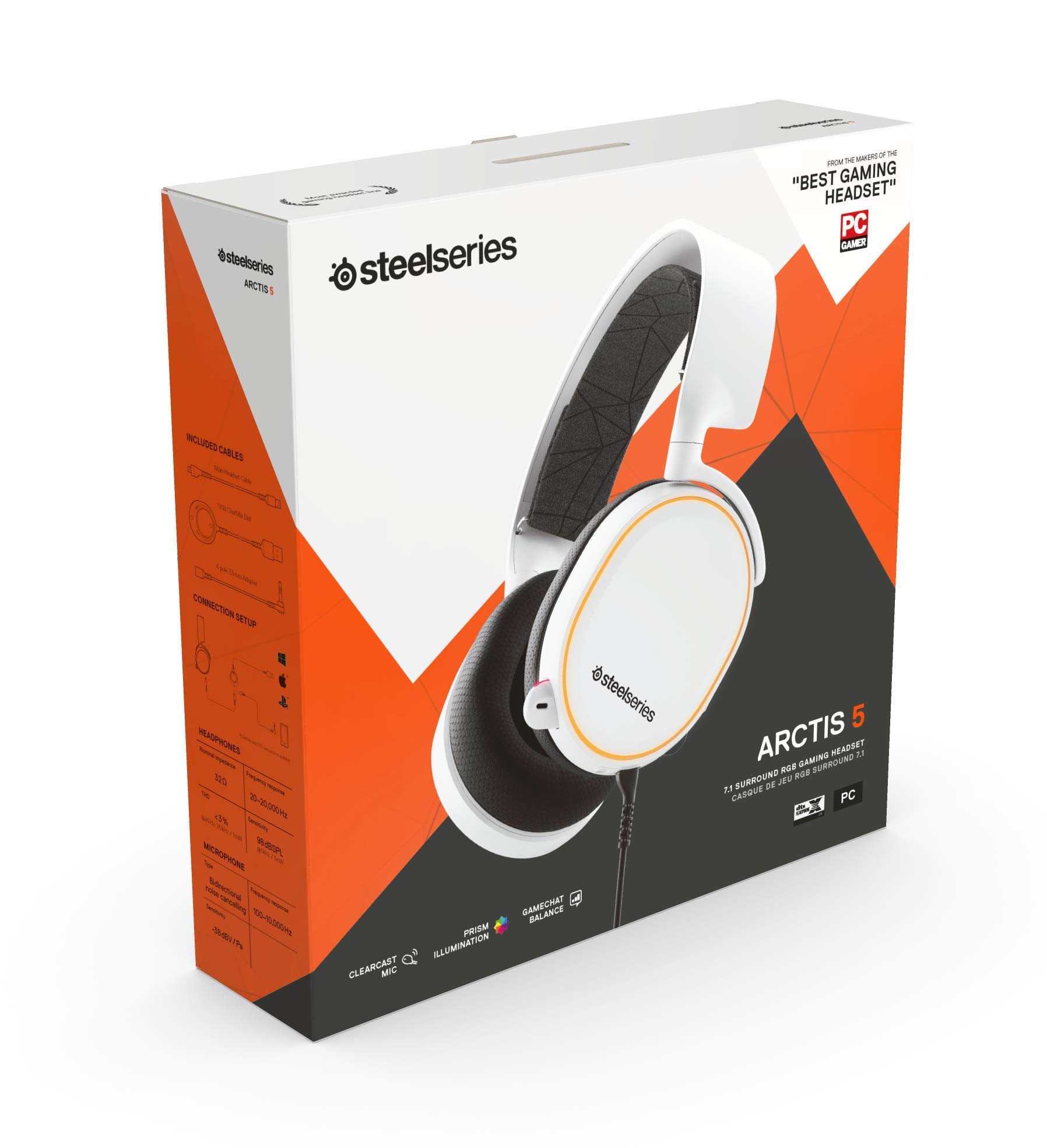 SteelSeries Arctis 5 (2019 Edition) RGB Illuminated Gaming Headset with DTS Headphone:X v2.0 Surround for PC and PlayStation 4 - White (Renewed)