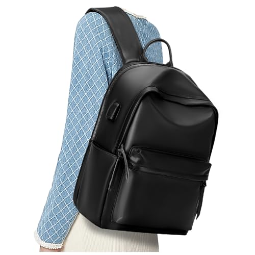 Laptop Backpack Women, Faux Leather Work Travel Backpack for Men with USB Port, Waterproof Fashion Casual Daypack for Business University, Large Capacity Carry On Backpack for Airplanes, Black