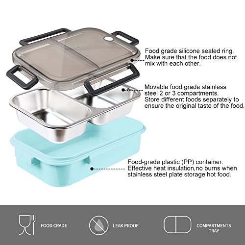 YBOBK HOME Portable Thermal Bento Lunch Box, 2 Compartments Divided Lunch Container For Adult To Work, 18/8 Stainless Steel Leak-Proof Food Container With Insulated Bag & Sauce Box (Blue 34oz)