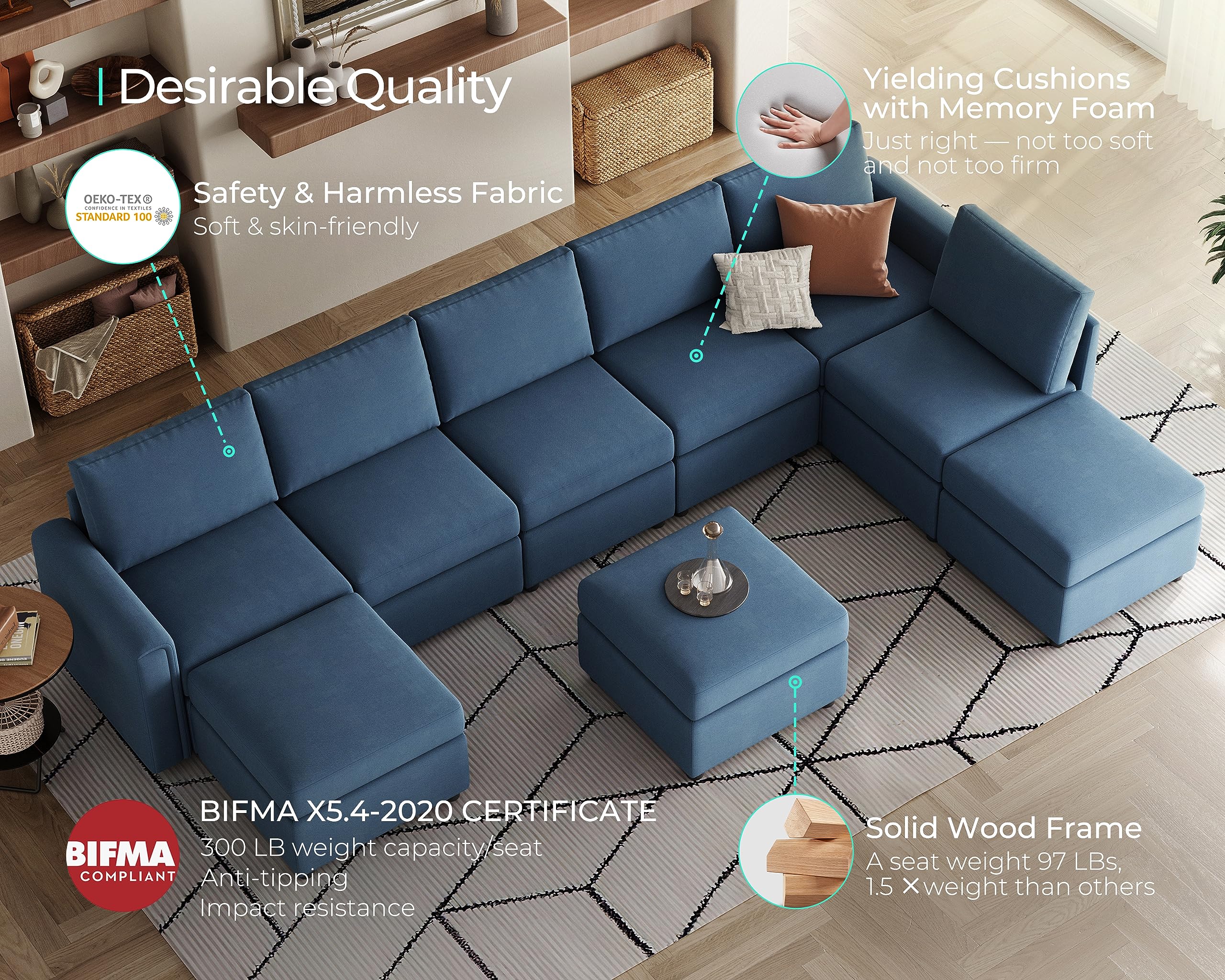 LINSY HOME Modular Sectional Sofa, Oversized Sectional Couch with Storage, Ottomans, Modular Sectional Sleeper Sofa with Memory Foam, 9 Seat U Shape Sofa Set for Living Room, Blue