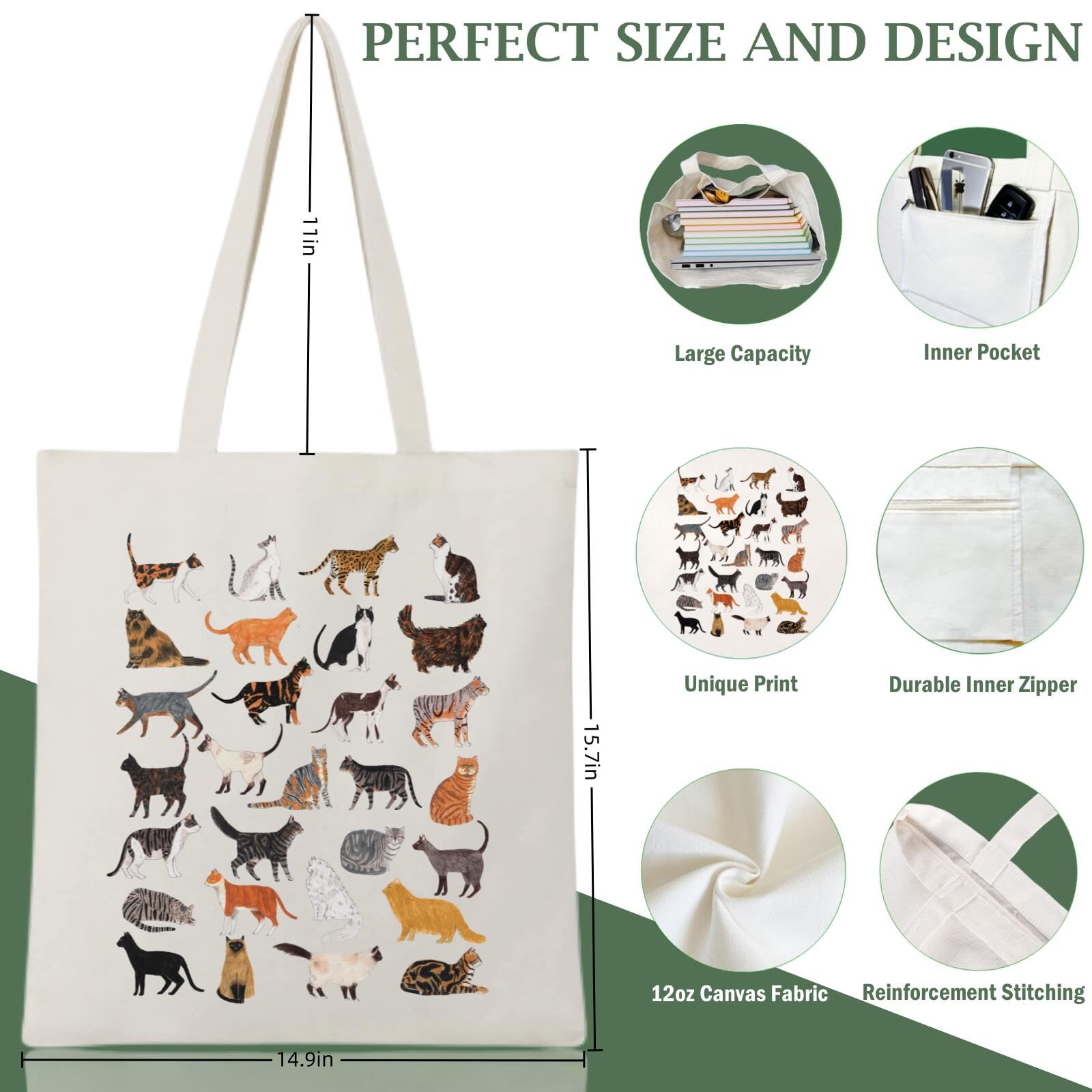 Andeiltech Canvas Tote Bag for Women Fun Cat Aesthetic Tote Bag with Inner Pocket Cats Shoulder Book Bag Gift Shopping Reusable Grocery Bags