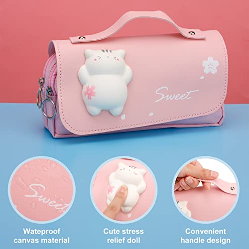 Teblacker 2 Pcs Cute Pencil Case with Handle, Kawaii Pencil Bag Large Pencil Pouch Pens Organizer Storage Bag with Stress Relief Doll for Girls Kids Teen School Supply