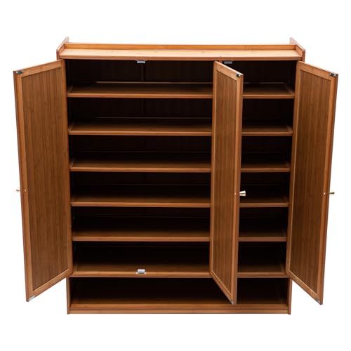 HaroldDol Bamboo Shoe Storage Cabinet with 3 Doors, Shoe Floor Storage Organizer Rack for 30 Pairs Entryway Hallway, 35.4 * 12.6 * 42.1in