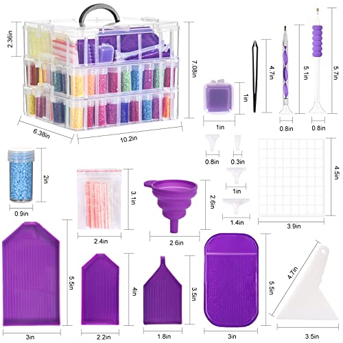 QUEFE 3-Tier Diamond Painting Storage Container, 100 Slots Clear Stackable Bead Organzier with Diamond Painting Accessories and Tools for DIY Diamond Art Craft Jewelry Bead Storage