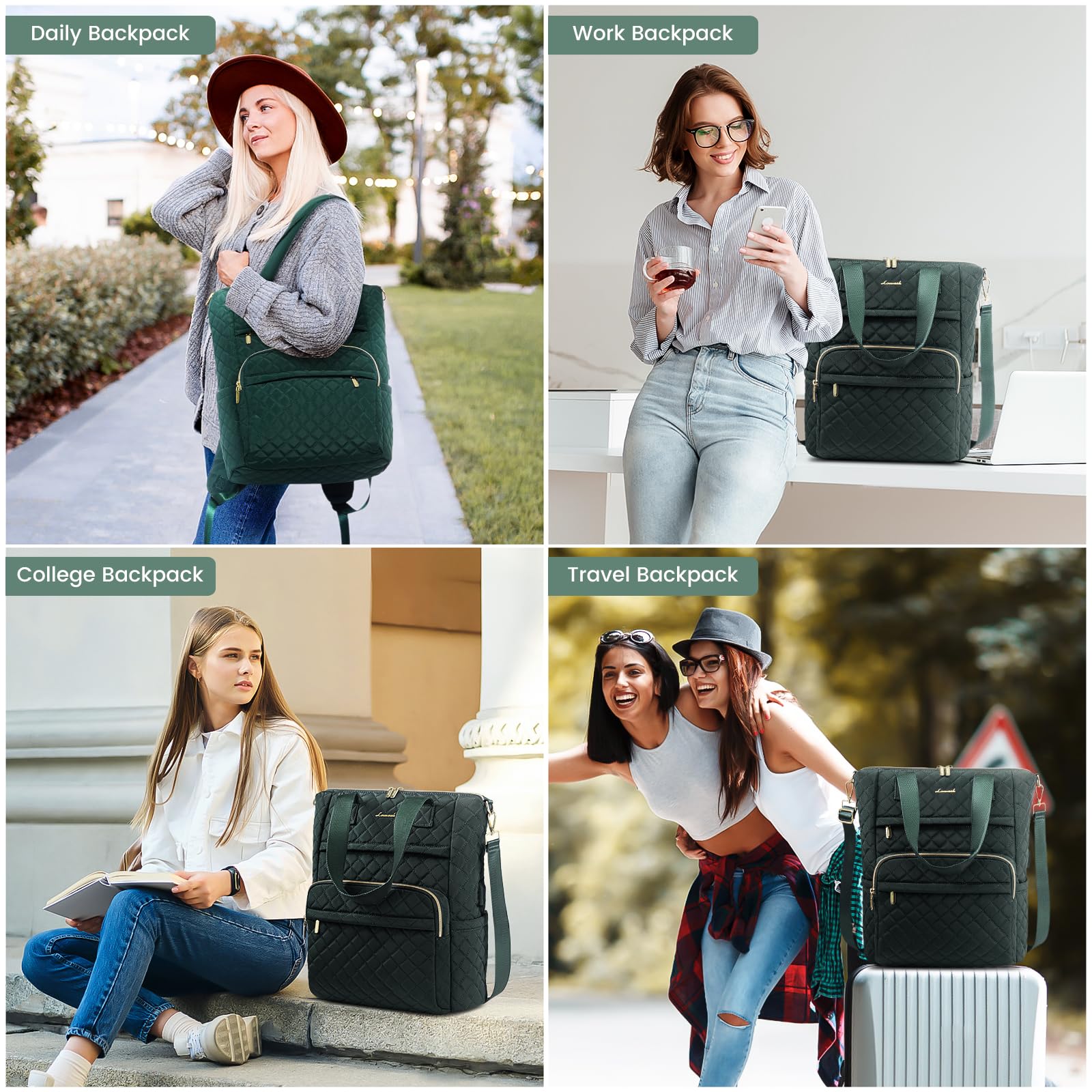 LOVEVOOK Laptop Backpack for Women 17 inch,Diamond Quilted Convertible Backpack Tote Laptop Computer Work Bag,Womens Travel Backpack Purse College Teacher Carry on Back pack with USB Port,Dark Green