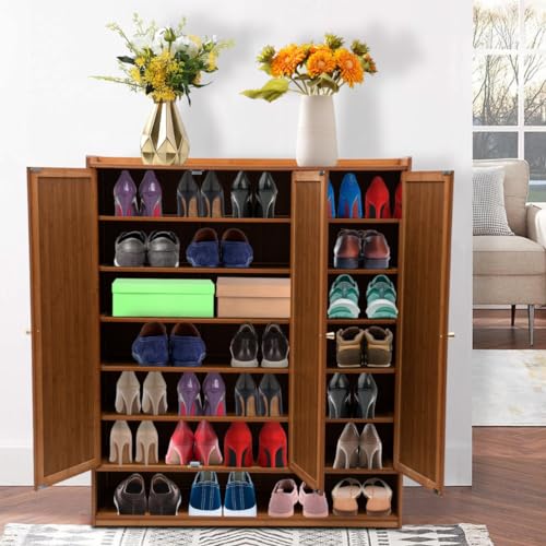 HaroldDol Bamboo Shoe Storage Cabinet with 3 Doors, Shoe Floor Storage Organizer Rack for 30 Pairs Entryway Hallway, 35.4 * 12.6 * 42.1in