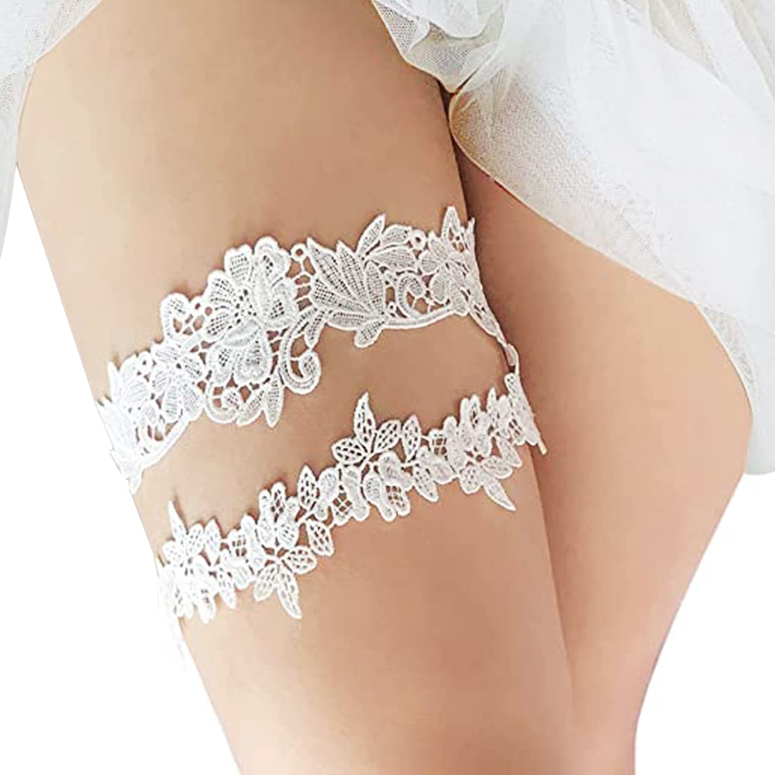CICITOYWO Wedding Garters for Bride, 2 Pieces Lace Bridal Garter Set, Women's White Garter Belt Wedding Bridal Garter Prom Garter Bridal Accessories Lingerie Leg Garter Belts (White/Lace)