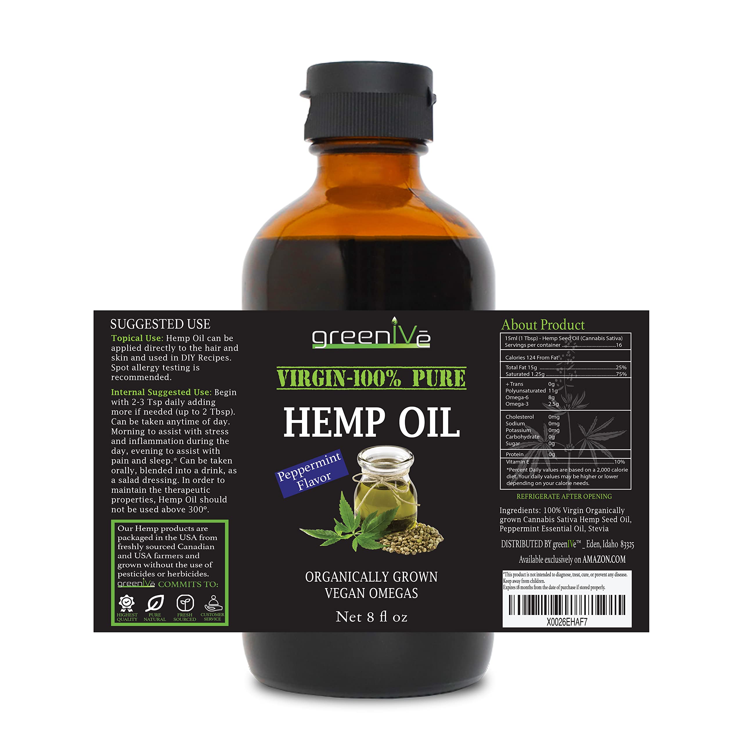 GreenIVe Organically Grown Peppermint Hemp Oil 224,000mg 100% Pure Cold Pressed Strong Results (8oz Peppermit)