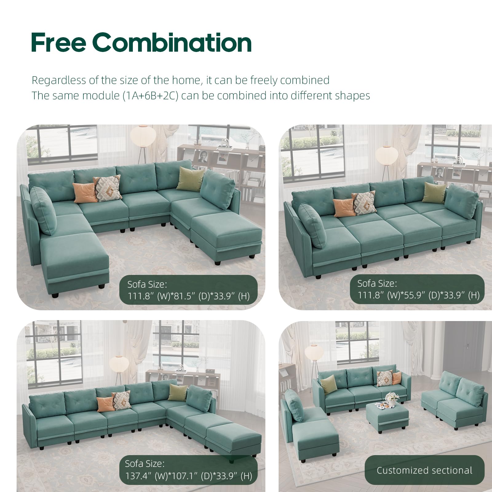 LLappuil Modular Sectional Sofa, Convertible L Shaped Sectional Couch with Storage, Faux Leather Fabric, Modular Sectionals with Chaise, 7 Seats with Ottoman Sofas for Living Room, Aqua Blue