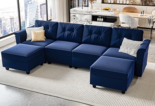 Belandi Modular Sectional Sofa Couch, U-Shaped Sleeper Couch with Reversible Chaise, Modular Sectionals with Ottomans, 6-Seat Sofa Set with Storage for Living Room, Blue