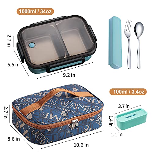 YBOBK HOME Portable Thermal Bento Lunch Box, 2 Compartments Divided Lunch Container For Adult To Work, 18/8 Stainless Steel Leak-Proof Food Container With Insulated Bag & Sauce Box (Blue 34oz)