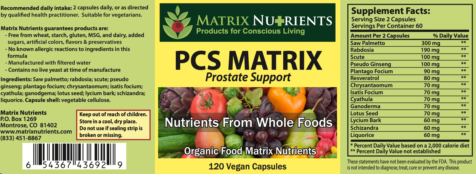 PCS Matrix - Lower PSA Levels for Healthy Prostate - 100% Natural Ingredients: Saw Palmetto, Rabdosia, Scute, Plantago Focium, Chrysantaomum, Ganoderma, Lotus Seed - Vegan Capsules (120ct)