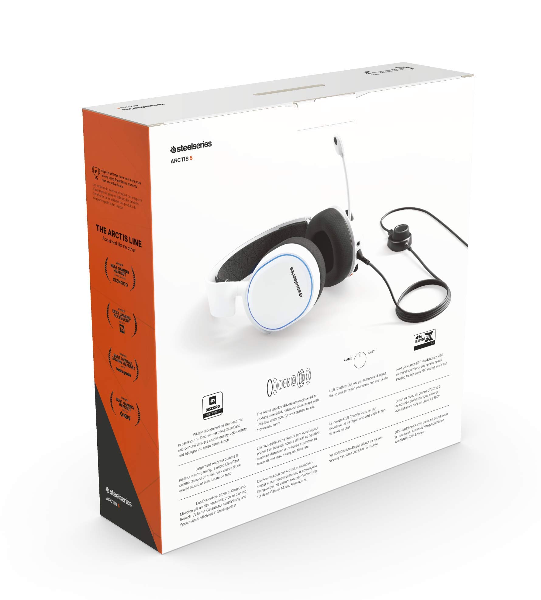 SteelSeries Arctis 5 (2019 Edition) RGB Illuminated Gaming Headset with DTS Headphone:X v2.0 Surround for PC and PlayStation 4 - White (Renewed)