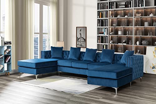 Modern U-Shape Sectional Sofa,Large Modular Sofa Velvet Couch Set with 5 Pillows and Metal Feet,Extra Wide Chaise Lounge Couch with Button Tufted and Nailhead Trim for Apartment Living Room,Blue