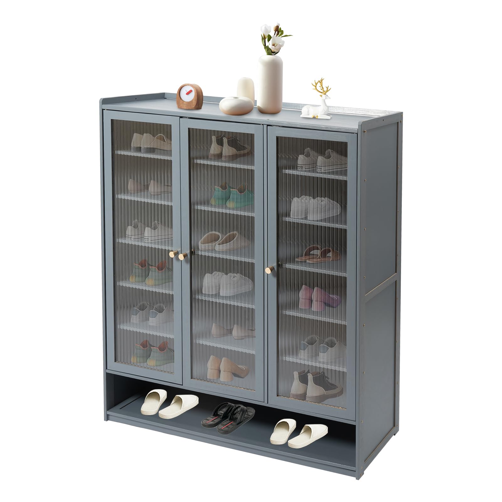 KONGKUNI Bamboo Shoe Cabinet with Doors, 8-Tier Shoe Storage Organizer with Adjust Shelves,Freestanding Shoe Rack,Wooden Shoe Cabinet for Entryway,Closet,Hallway