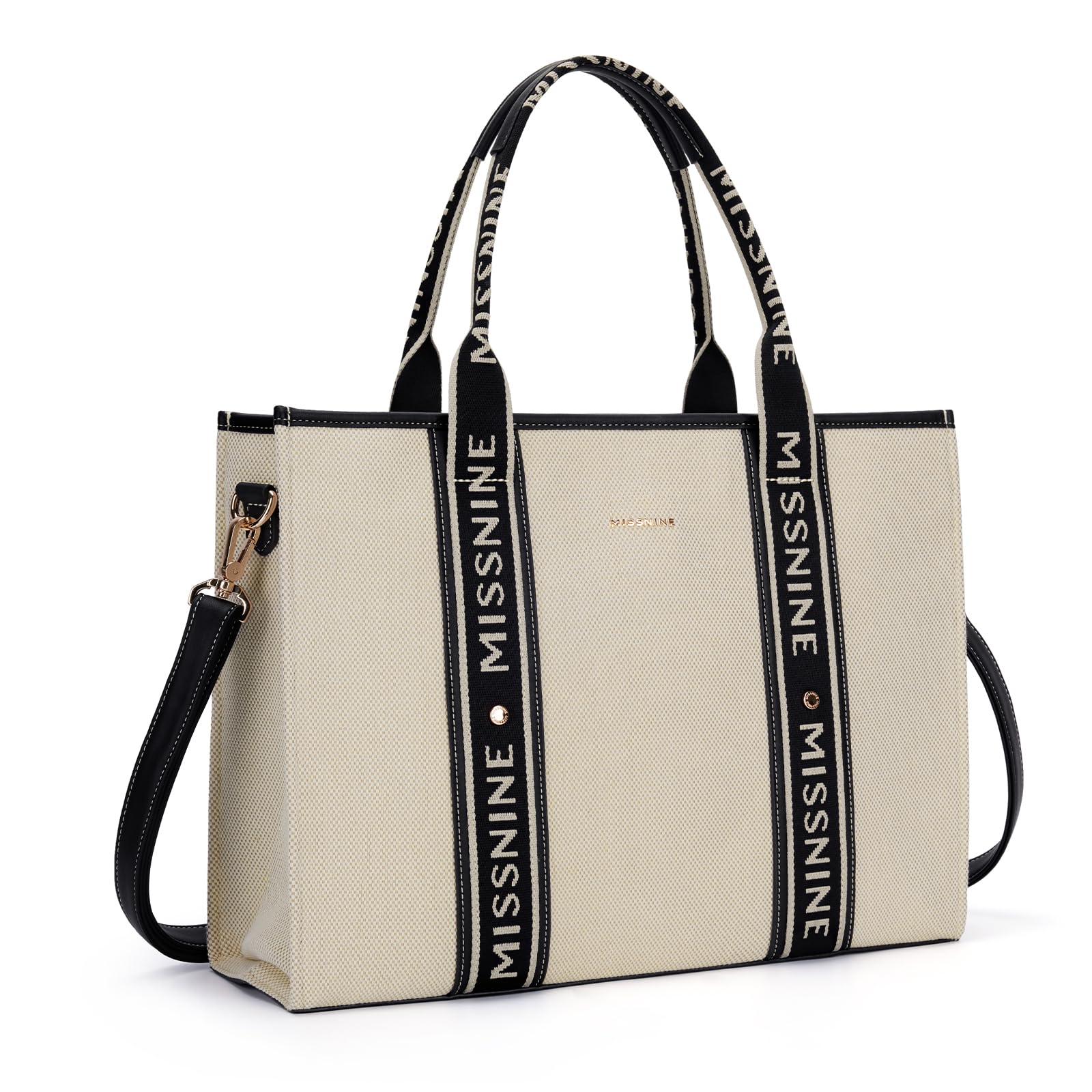 Missnine Tote Bag Canvas Laptop Bag 15.6 inch Briefcase for Women Large Capacity Handbag for Office, College, Travel (Beige+black)