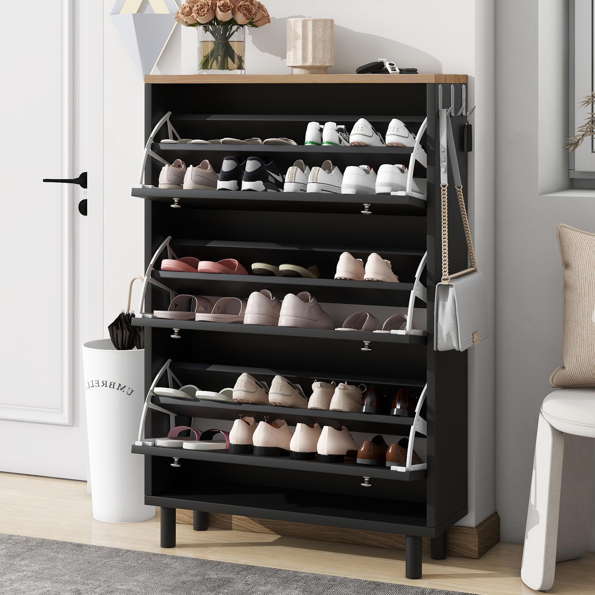 HEPMIMZHU Narrow Shoe Cabinet with 3 Flip Drawers, Wood Grain Pattern Top Entryway Organizer with 3 Hooks, Free Standing Shoe Rack with Adjustable Panel for Hallway (Black)