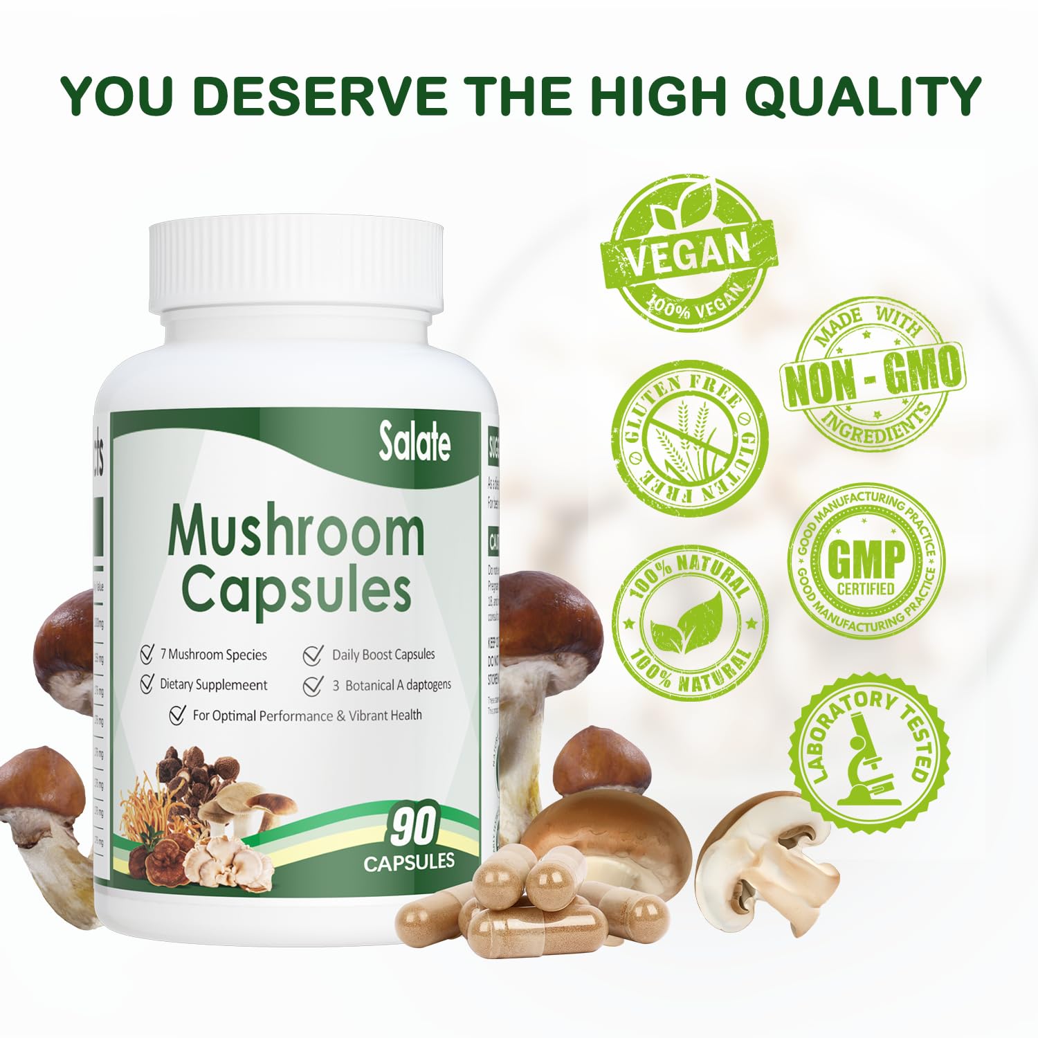 Salate Lion's Mane Supplement Organic Mushroom Extract for Memory and Focus, Concentration & Immune Support Brain Capsules with 100% Fruit Bodies & Extracts