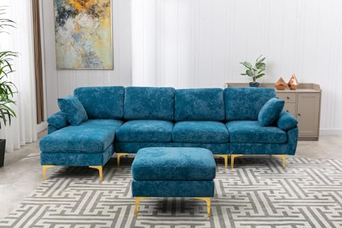 i-POOK 114.42" Polyester U Shaped Sectional Couch, 4 Seat Convertible Sofa with Removable Ottoman and 6.3" Thick Soft Cushion, Deep Seat Comfy Couches for Living Room, Teal Blue