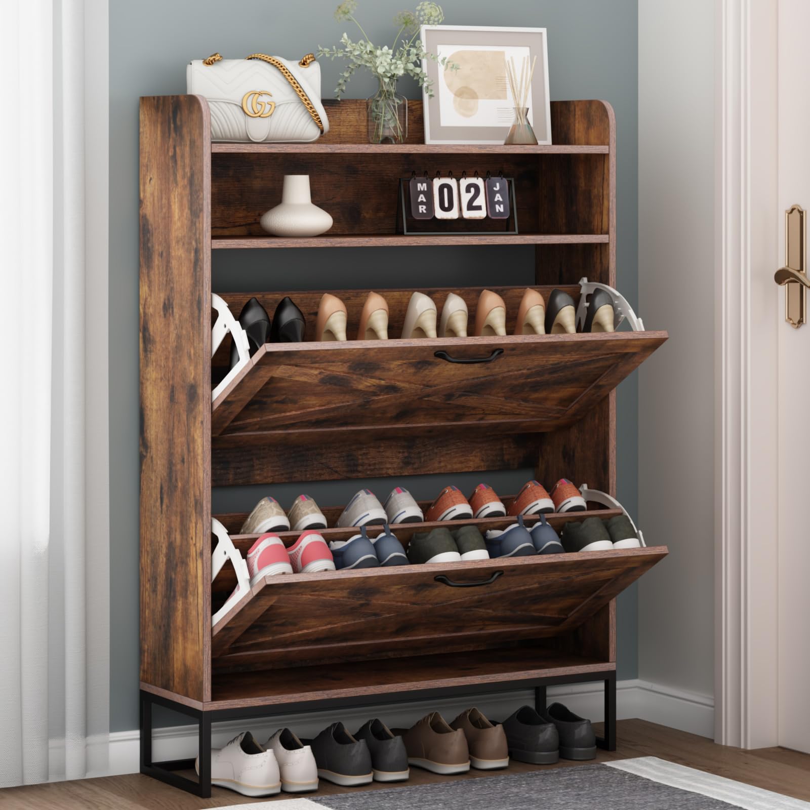Auromie Shoe Cabinet, Freestanding Tipping Bucket Shoe Storage Cabinet with 2 Flip Drawers, Entryway Shoe Rack with Storage Top Cubby, Narrow Slim Hidden Shoe Organizer with Doors (Brown)