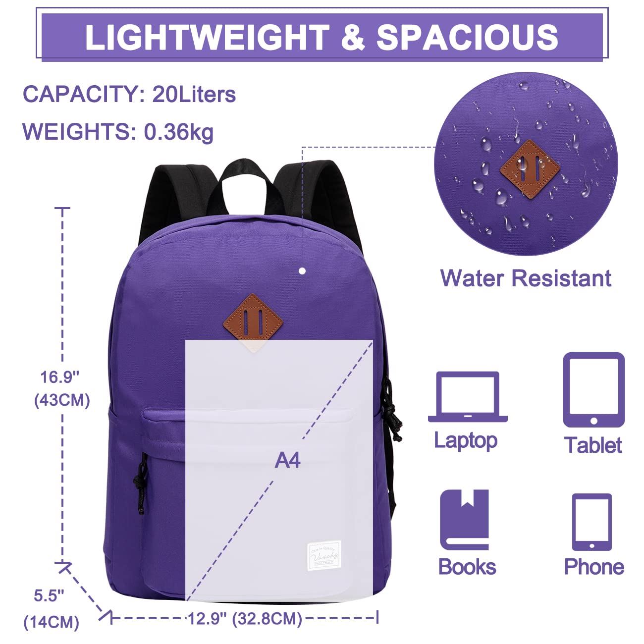VASCHY Lightweight Backpack for School, Classic Basic Water Resistant Casual Daypack for Travel with Bottle Side Pockets (Purple)