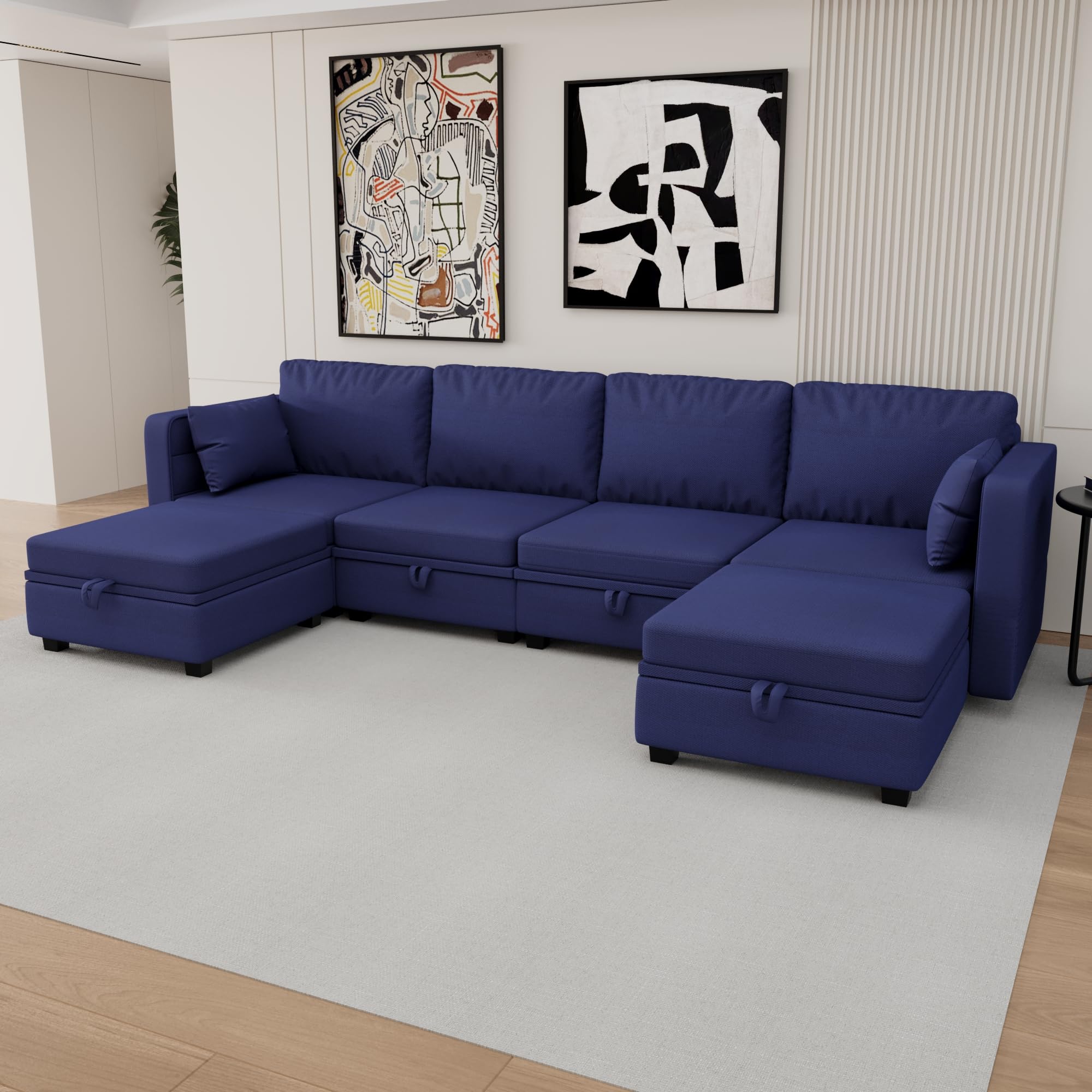 WILLIAMSPACE 110" Sectional Sofa Couch for Living Room, Modern Modular U-Shape Sofa with Storage Seats & Reversible Chaise & Adjustable Armrest, 6 Seat Convertible Sofa for Home Office (Blue)
