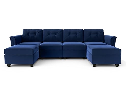 Belandi Modular Sectional Sofa Couch, U-Shaped Sleeper Couch with Reversible Chaise, Modular Sectionals with Ottomans, 6-Seat Sofa Set with Storage for Living Room, Blue