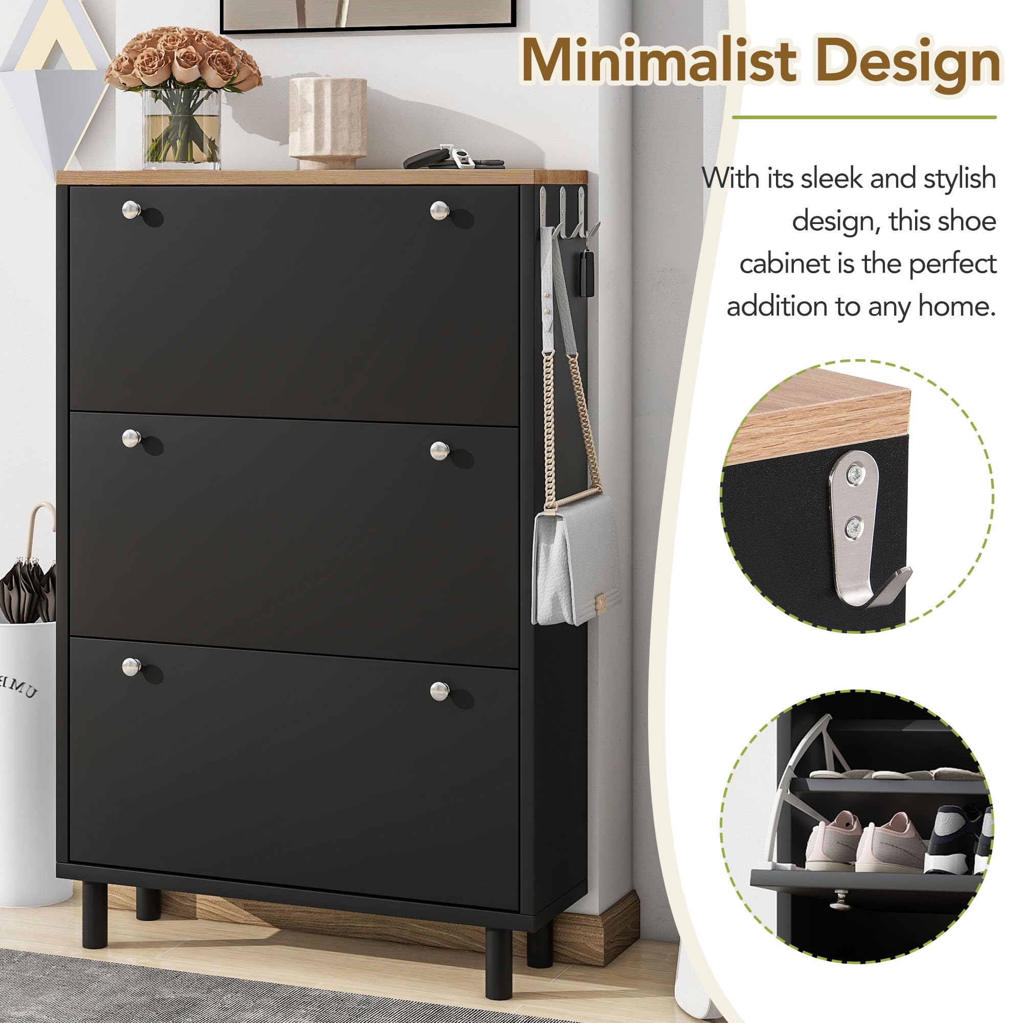 HEPMIMZHU Narrow Shoe Cabinet with 3 Flip Drawers, Wood Grain Pattern Top Entryway Organizer with 3 Hooks, Free Standing Shoe Rack with Adjustable Panel for Hallway (Black)