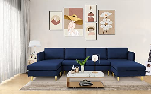 JULYFOX U Sectional Couch Sofa Blue, 122 inch Wide L Shaped Corner Sectional Couch with Chaise and Ottoman Mid Century Modern for Living Room