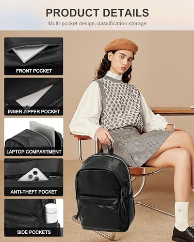 Laptop Backpack Women, Faux Leather Work Travel Backpack for Men with USB Port, Waterproof Fashion Casual Daypack for Business University, Large Capacity Carry On Backpack for Airplanes, Black