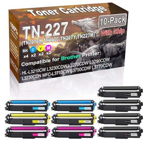 10-Pack (4BK/2C/2Y/2M) Compatible High Capacity TN227 (TN-227BK TN-227C TN-227Y TN-227M) (With Chip) Imaging Toner Cartridge Used for HL-L3210CW L3230CDW L3270CDW L3290CDW L3230CDN MFC-L3710CW Printer