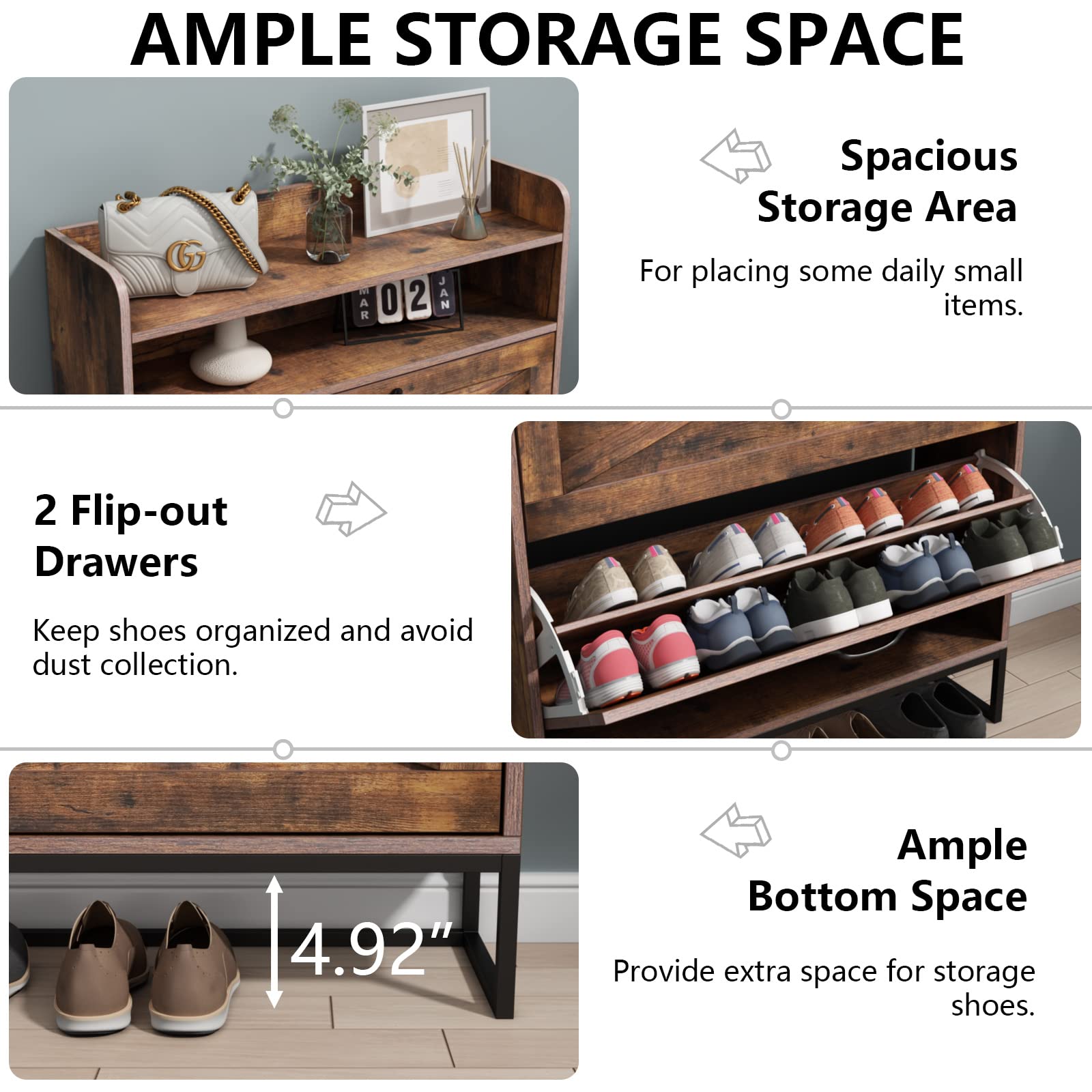 Auromie Shoe Cabinet, Freestanding Tipping Bucket Shoe Storage Cabinet with 2 Flip Drawers, Entryway Shoe Rack with Storage Top Cubby, Narrow Slim Hidden Shoe Organizer with Doors (Brown)