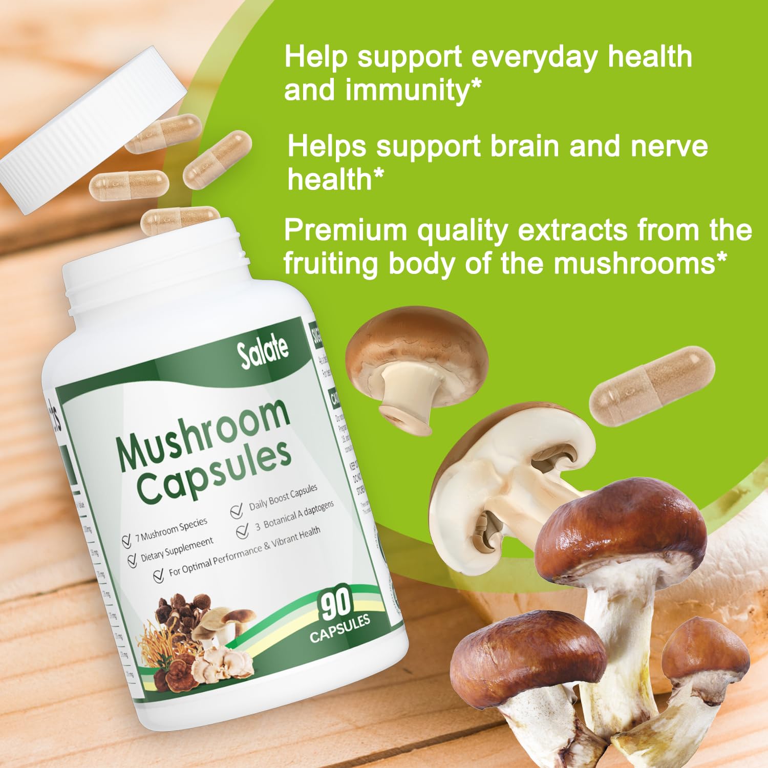 Salate Lion's Mane Supplement Organic Mushroom Extract for Memory and Focus, Concentration & Immune Support Brain Capsules with 100% Fruit Bodies & Extracts