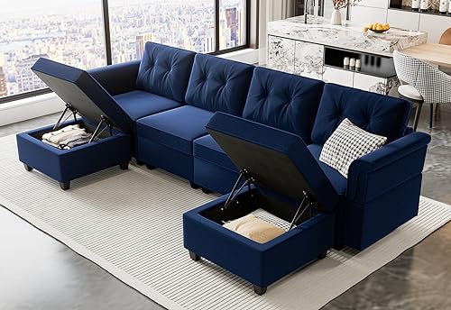 Belandi Modular Sectional Sofa Couch, U-Shaped Sleeper Couch with Reversible Chaise, Modular Sectionals with Ottomans, 6-Seat Sofa Set with Storage for Living Room, Blue