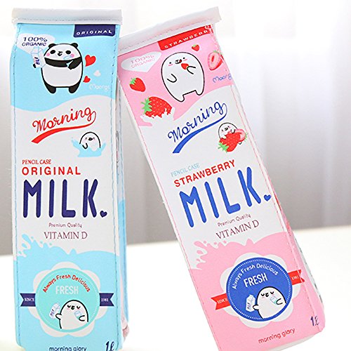 Pack of 2 Cute Pencil Case Box Leather Pencil Holder Pen Pouch Stationery Organizer Cosmetic Bag with Zipper (Blue and Pink Milk) (pinkblue) (Milk2)