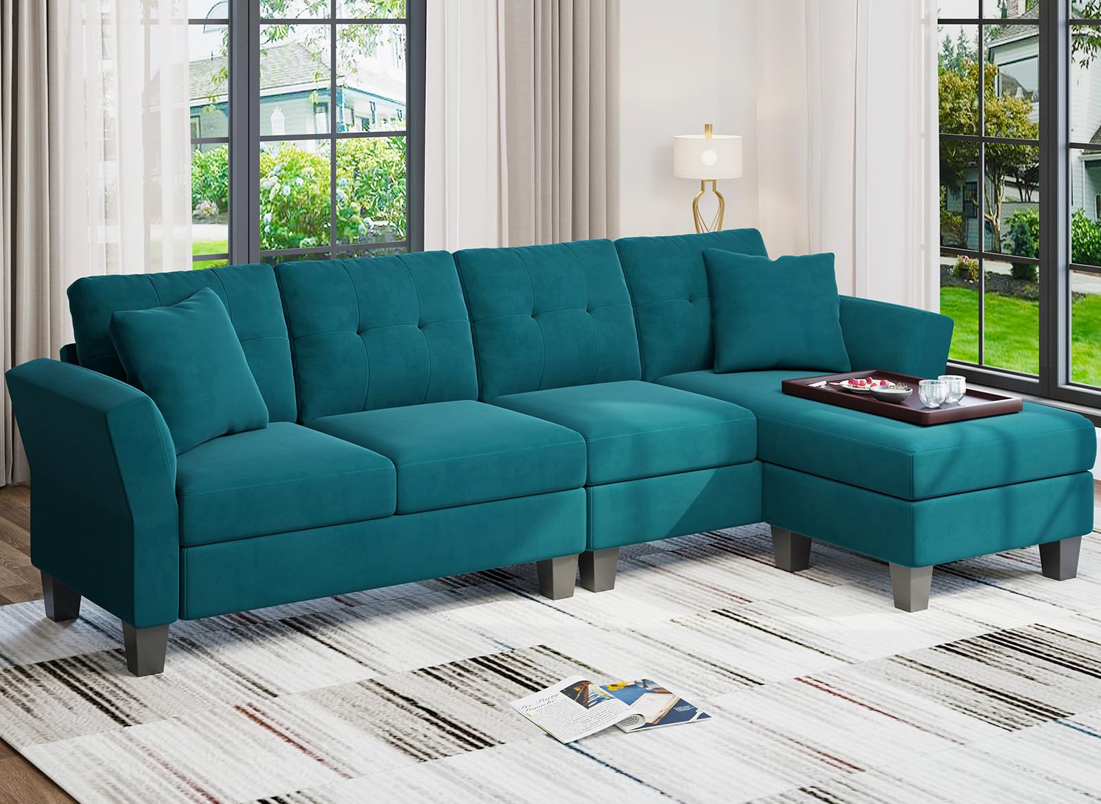 Belffin Convertible Sectional Couch Velvet L Shaped Sofa 4 Seat Sofa with Chaise L-Shaped Couches Reversible Sectional Sofa Peacock Blue