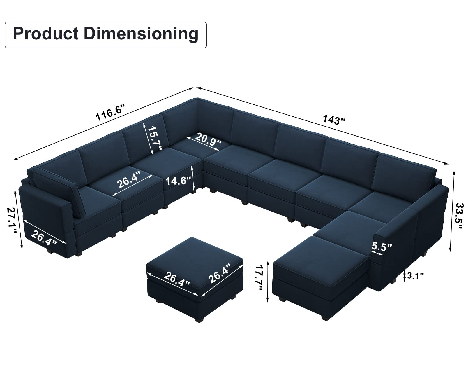 Belffin Modular Sectional Sofa with Ottomans Velvet Oversized U Shaped Sofa Couch with Storage Seats Sofa Set with Reversible Chaise Velvet Blue…