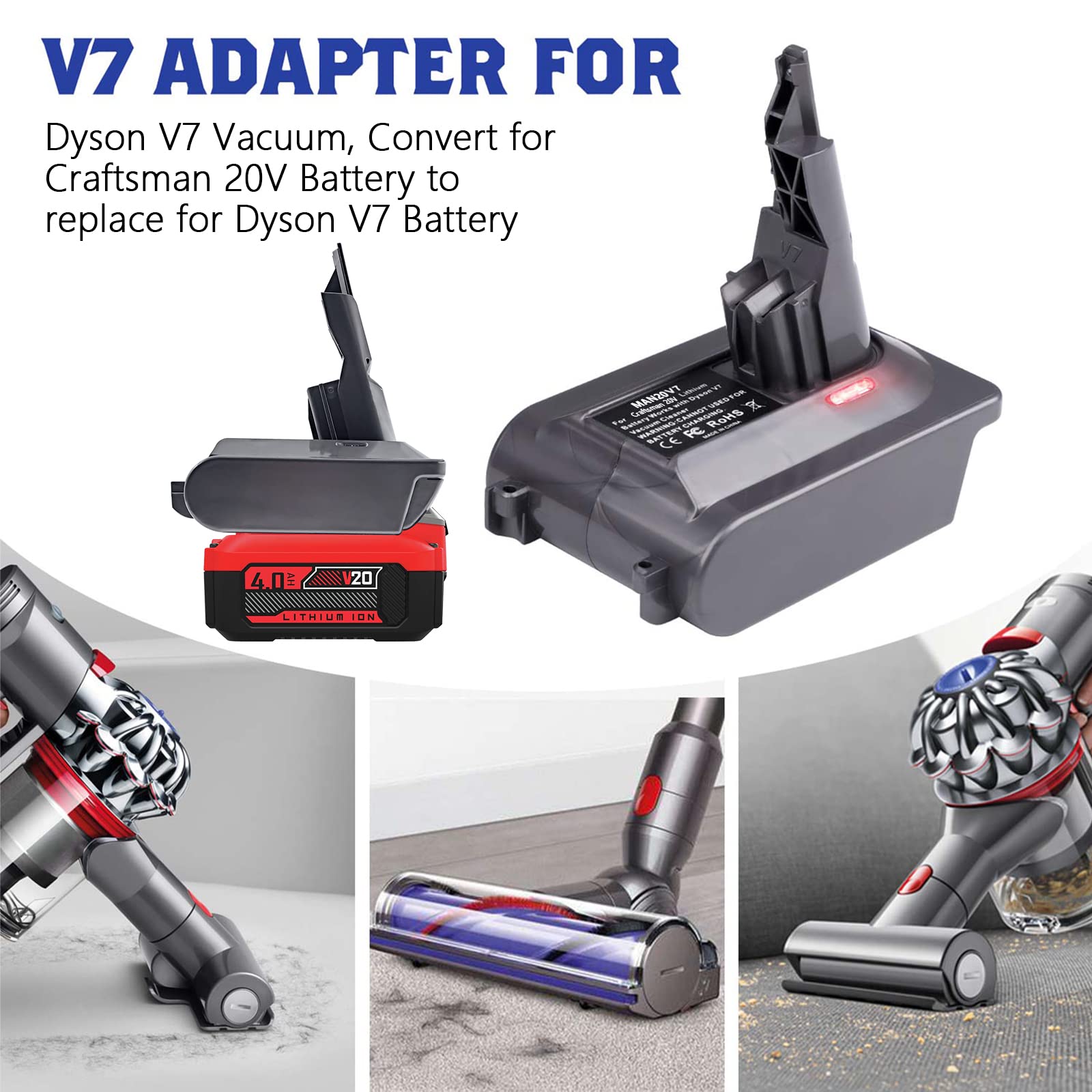 V7 Adapter for Craftsman 20V Battery Work for Dyson V7 Compatible with SV11 V7 Motorhead V7 Animal V7 Trigger V7 HEPA V7 Car+Boat V7 Absolute Handheld Vacuum Cleaners