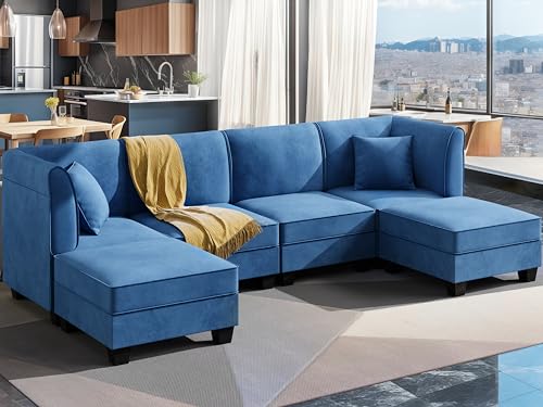 JAMFLY 116'' Modular Sectional Sofa with Reversible Chaise, U-Shape Convertible Sectional Sofa Couch with 6 Seats, Velvet Modern Sleeper Modular Couch with Ottomans for Living Room