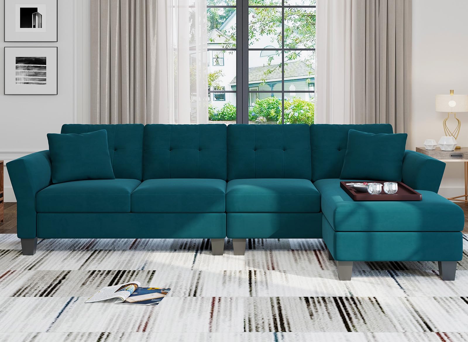 Belffin Convertible Sectional Couch Velvet L Shaped Sofa 4 Seat Sofa with Chaise L-Shaped Couches Reversible Sectional Sofa Peacock Blue